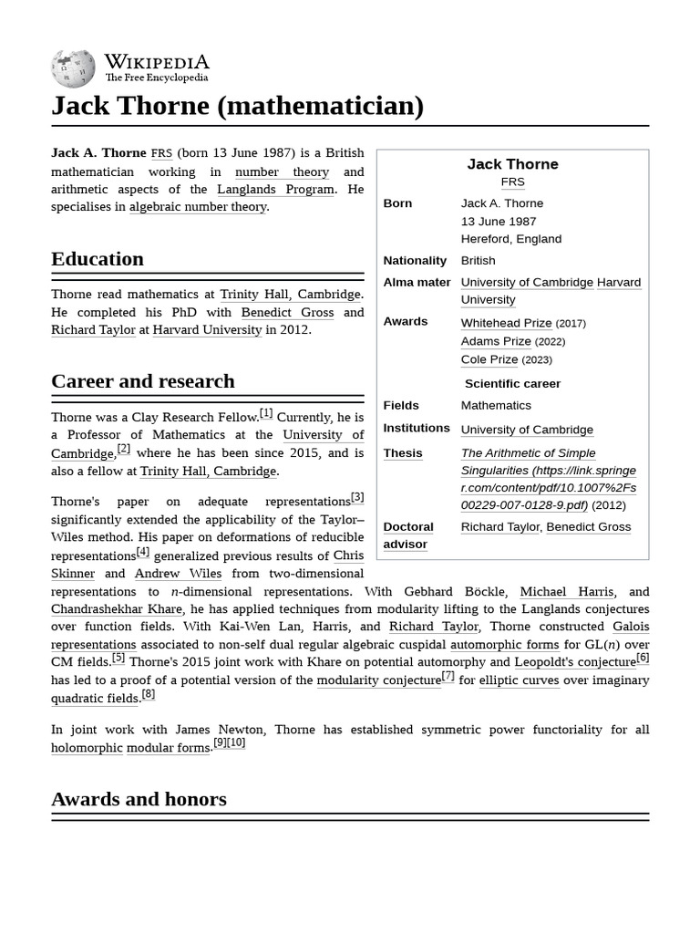 Jack Thorne (Mathematician) | PDF | Number Theory | Mathematics