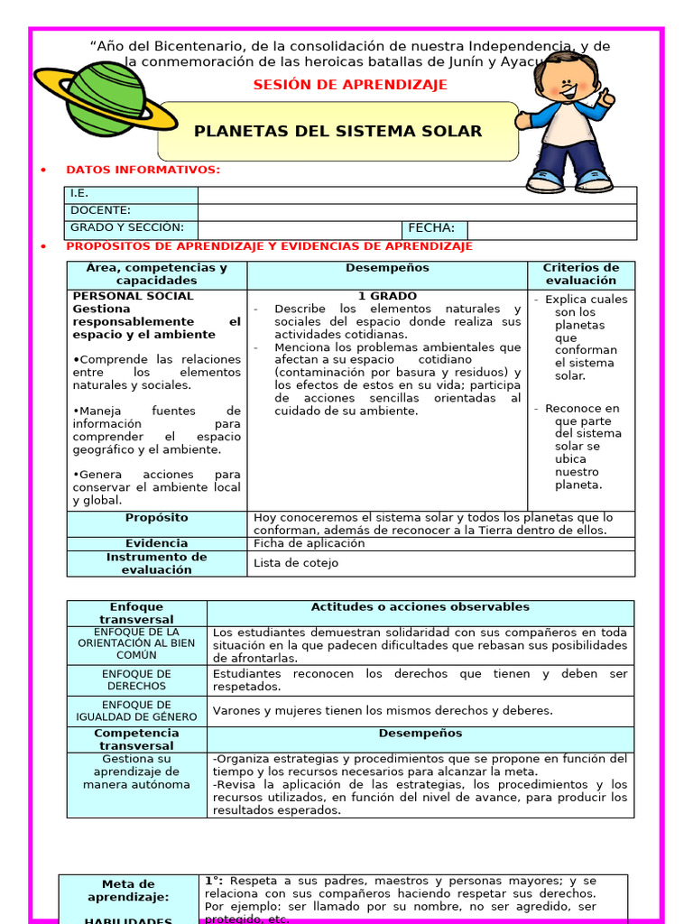 1º U8 S1 SESION D1 PS PLANETAS DEL SISTEMA SOLAR 998591174 | PDF | Evaluación | Aprendizaje