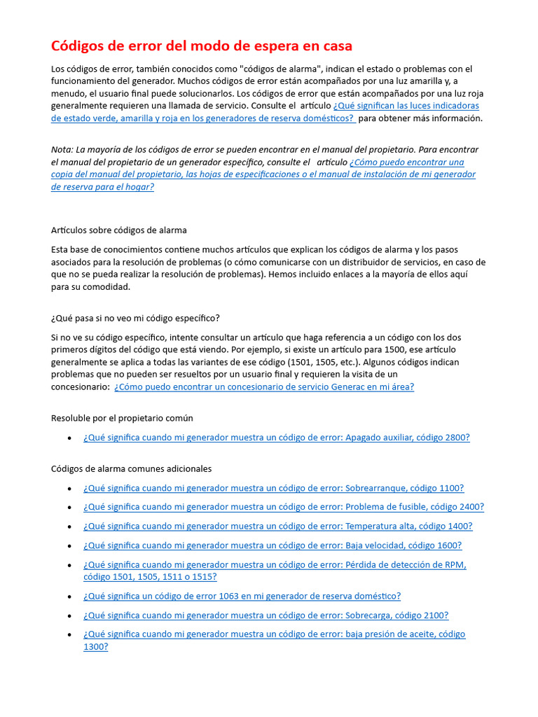 Códigos de error Generac y soluciones | PDF | Punto de acceso ...