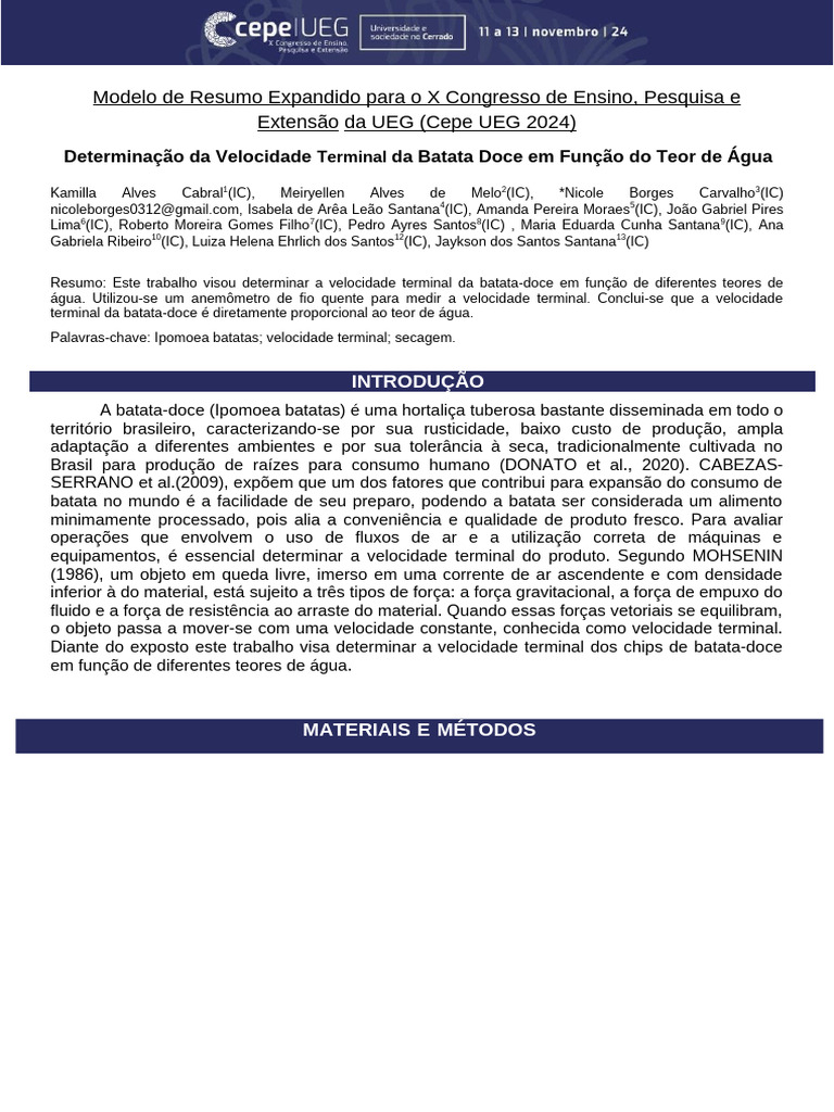 Modelo_Resumo_expandido_Cepe_UEG_2024_1 | PDF | Batata | Massa