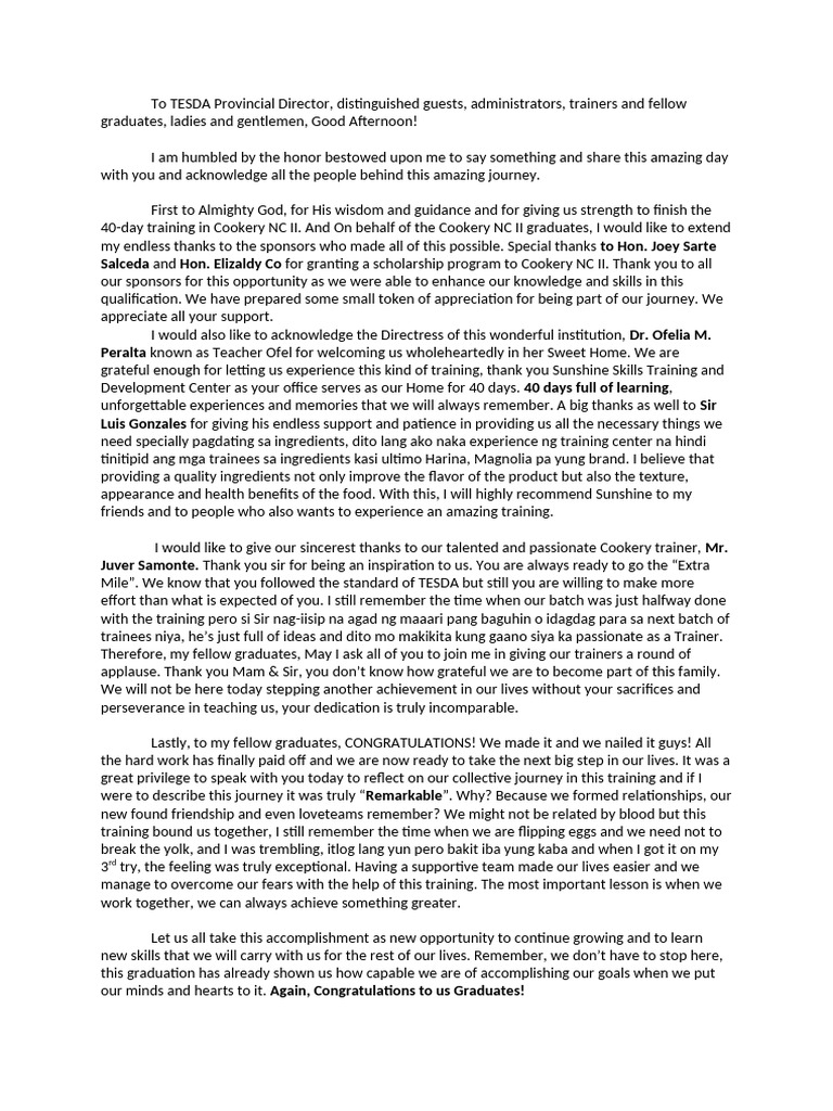 TESDA Testimonial Speech | PDF