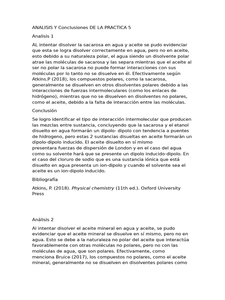 Analisis y Conclusiones de La Practica 5 | PDF | Polaridad química | Fuerza intermolecular