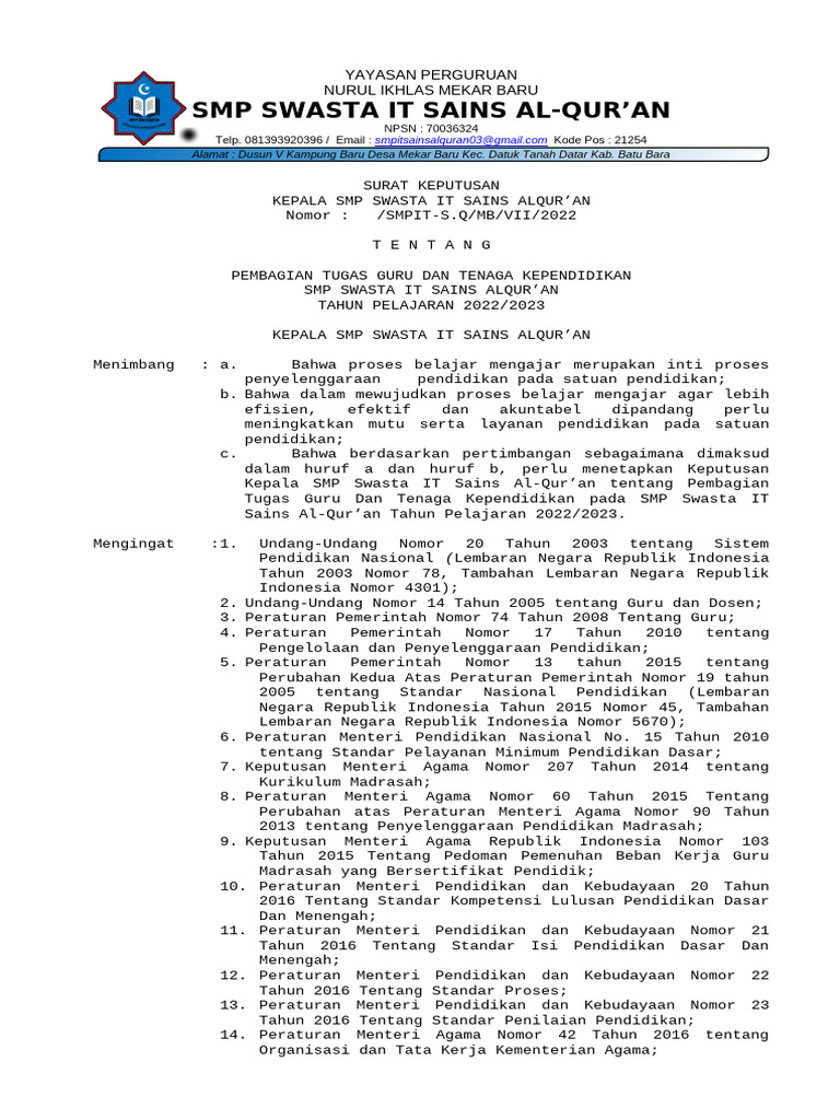 SK Pembagian Tugas 2022-2023 SMP | PDF