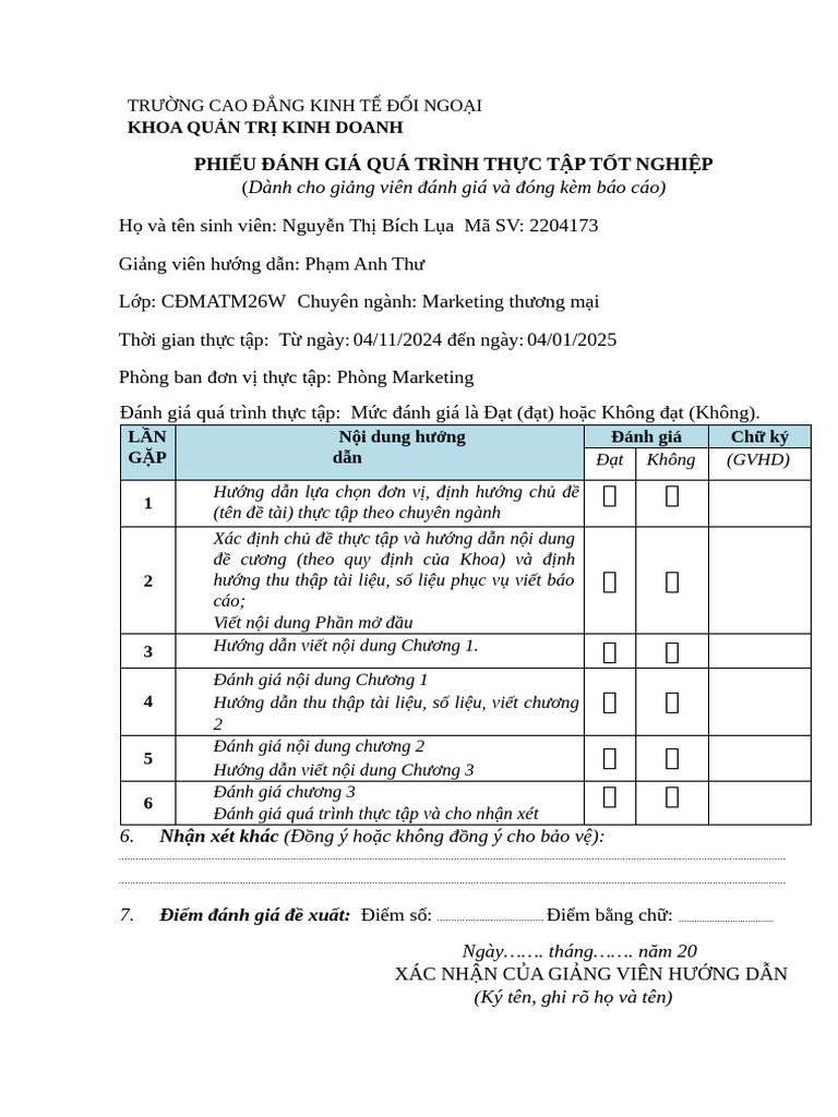 4. Phieu danh gia thuc tap tai co so so - Danh cho giang vien | PDF