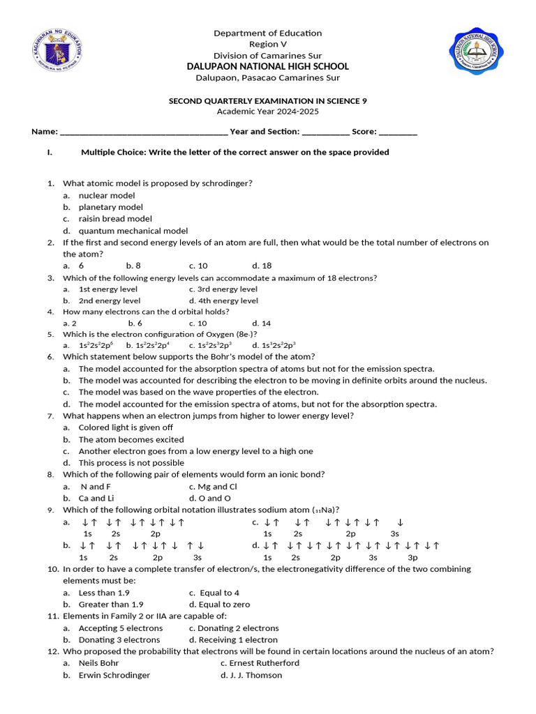 Second Quarter Examination in Science 9 2024-2025 | PDF | Chemical Bond ...