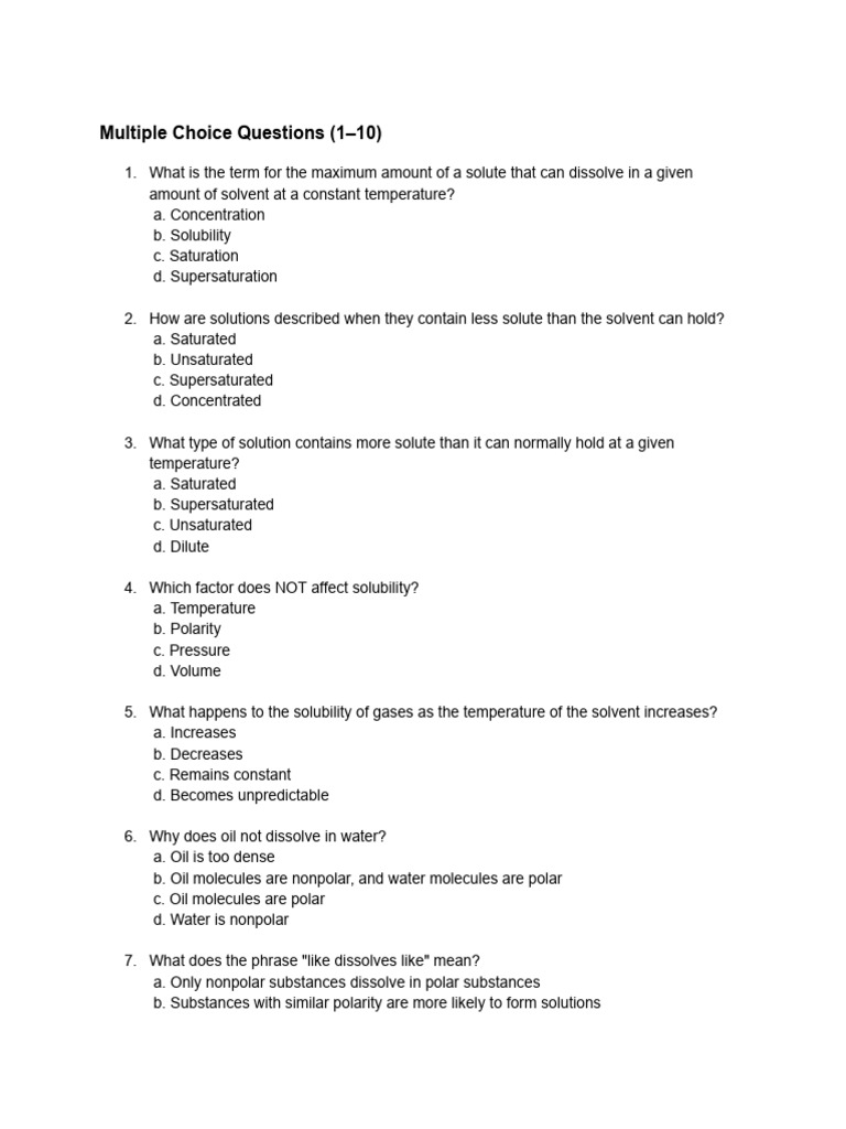 Solubility Quiz-Answers | PDF | Solubility | Solvent