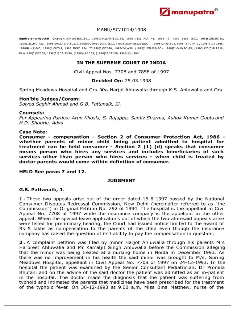 Spring Meadows Hospital and Ors Vs Harjol Ahluwals981014COM570301 | PDF ...
