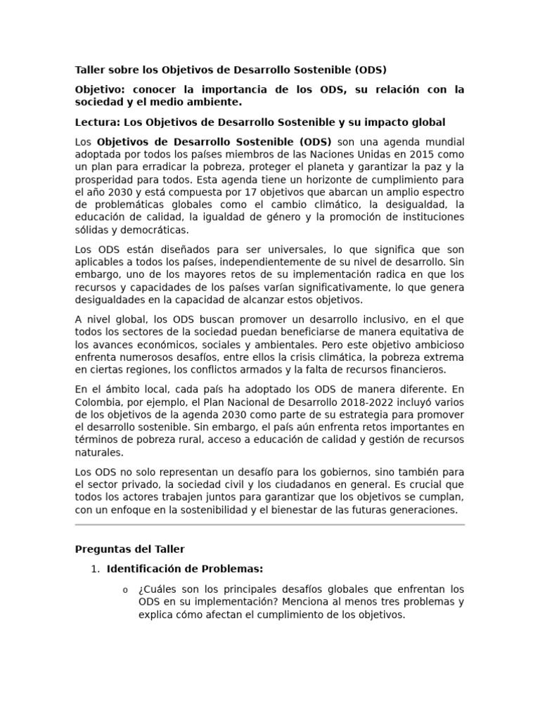 Taller ODS: Desafíos y Estrategias | PDF | Desarrollo sostenible | Sustentabilidad