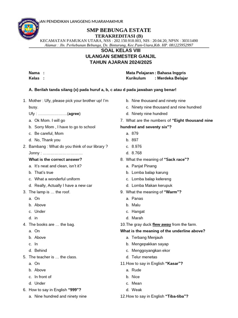 SOAL SEM 1 B.INGGRIS KELAS 8 | PDF | Linguistics | Grammar