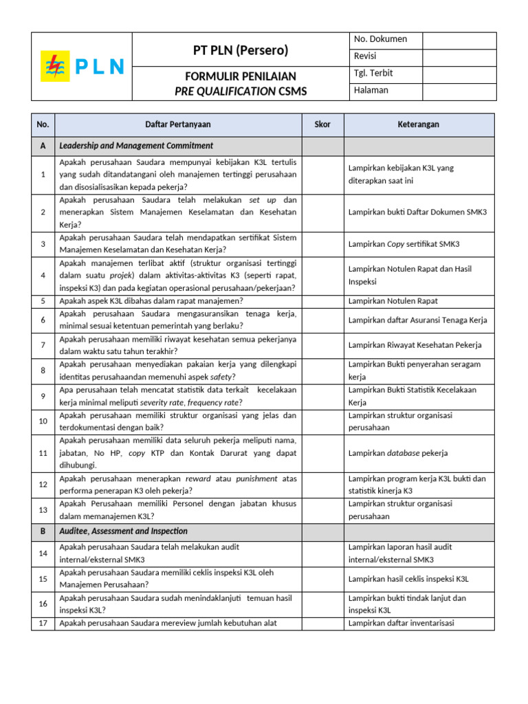 Formulir Penilaian Pre Qualification CSMS PLN Persero | PDF