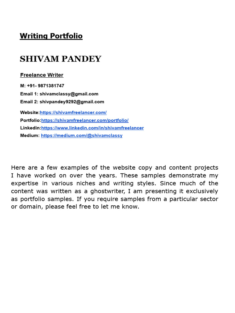 Writing Portfolio - Shivam Pandey | PDF | Augmented Reality | Digital Marketing