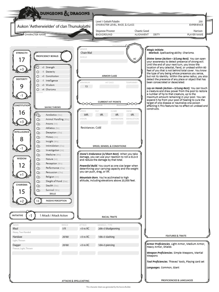 Goliath Paladin Character Sheet | PDF
