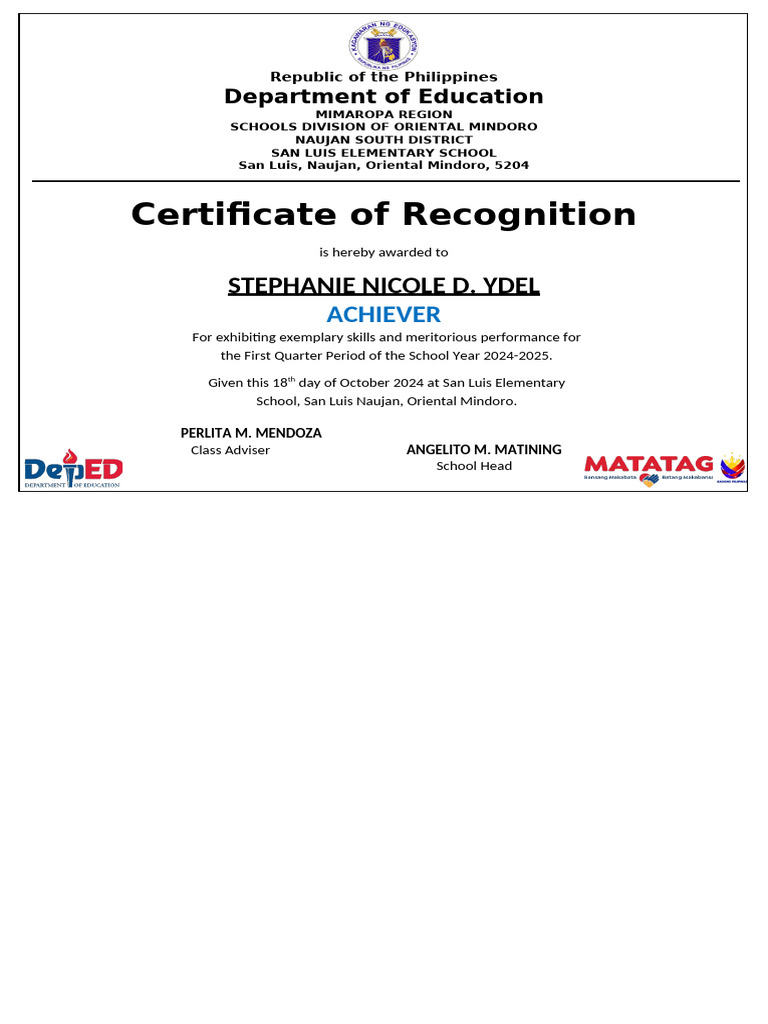 Grade 1 Certificate | PDF