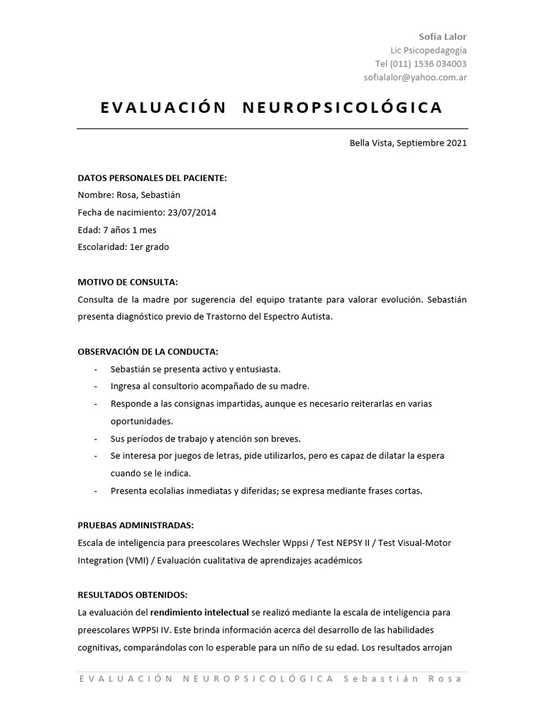 Evaluación Neuropsicológica de Sebastián Rosa | PDF | Atención | Memoria