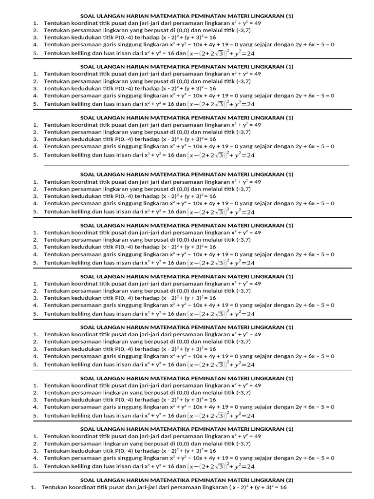 Soal Ulangan Harian Matematika Peminatan Materi Lingkaran Ida | PDF