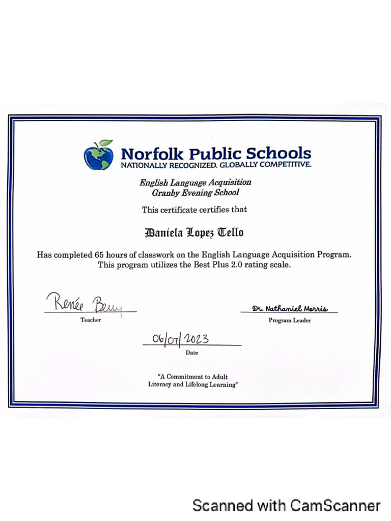 Certificado Granby Evening School Daniel | PDF