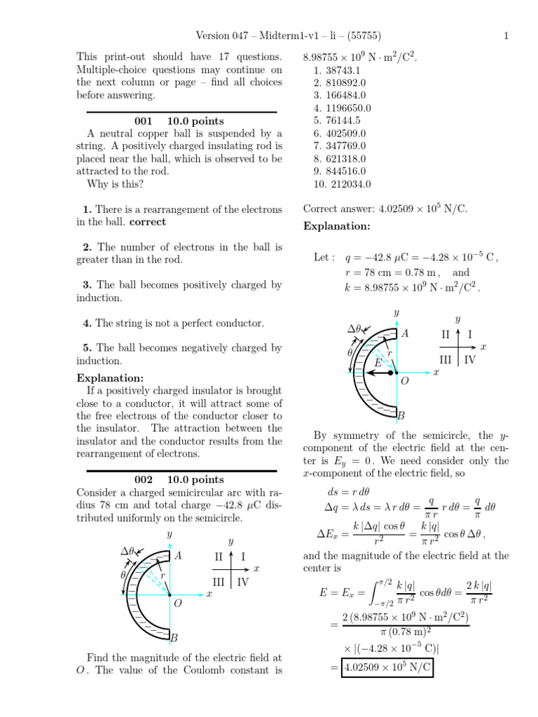 Physics Midterm Exam Questions | PDF | Force | Electric Charge