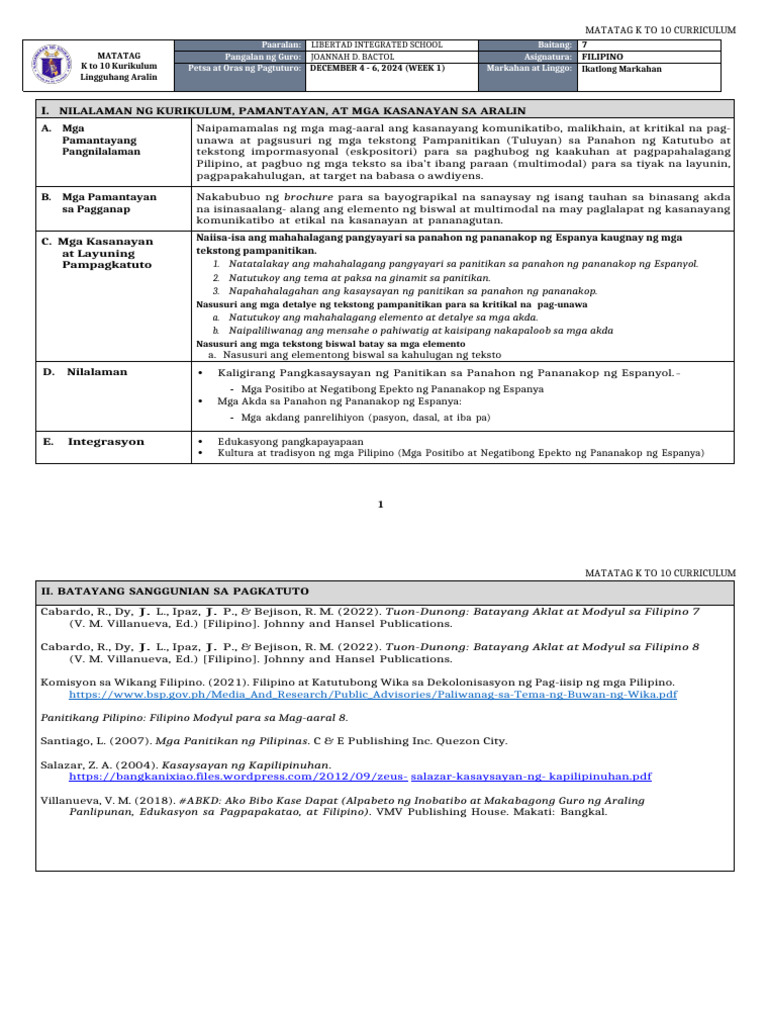 DLL Matatag - Filipino 7 Q3 W1 | PDF