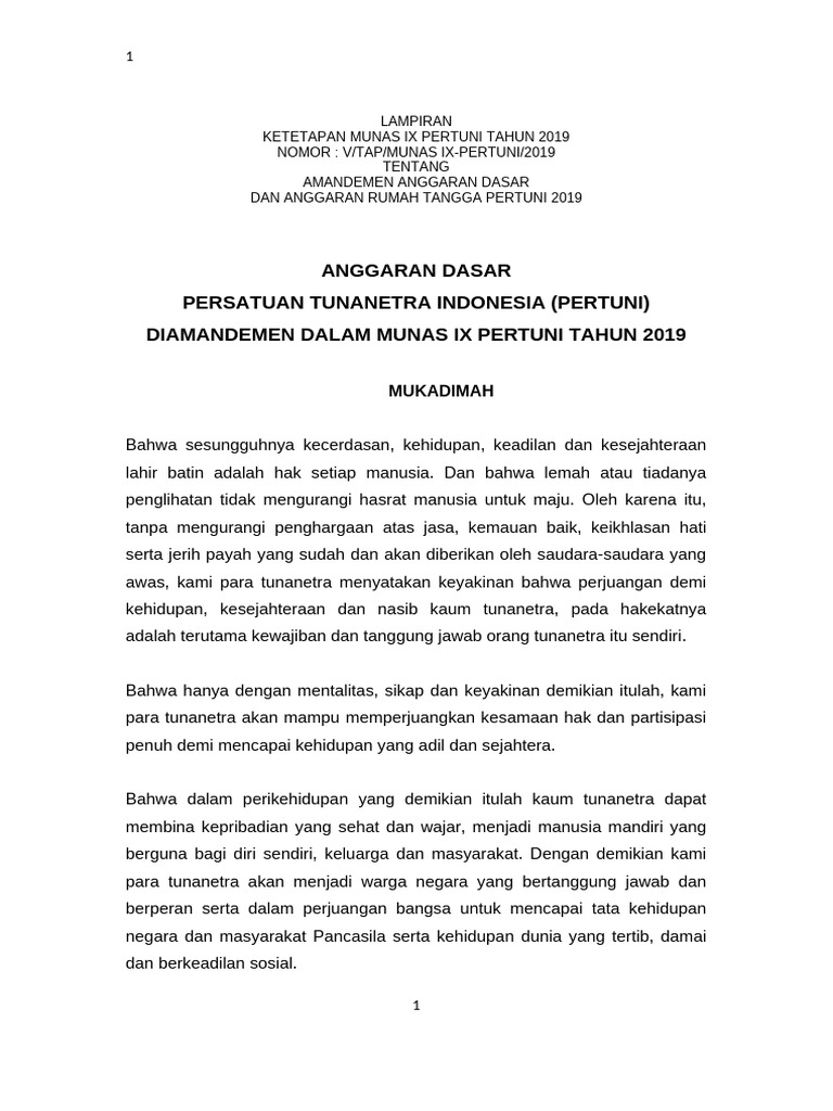 Anggaran Dasar Amandemen Munas IX Pertuni 2019 | PDF