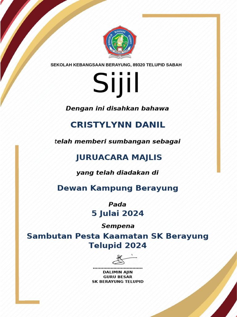 Contoh Sijil PENGHARGAAN MAJLIS KAAMATAN | PDF