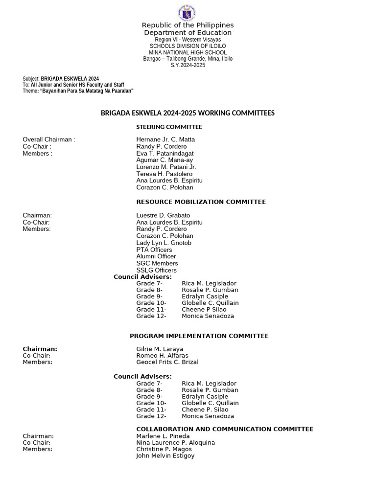 Brigada Eskwela 2024 Working Committees | PDF
