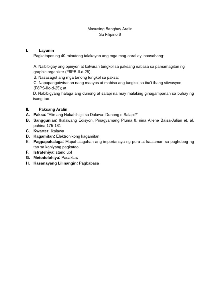 Masusing Banghay Aralin (Balagtasan, Alin Ang Nakahihigit Dunong o ...