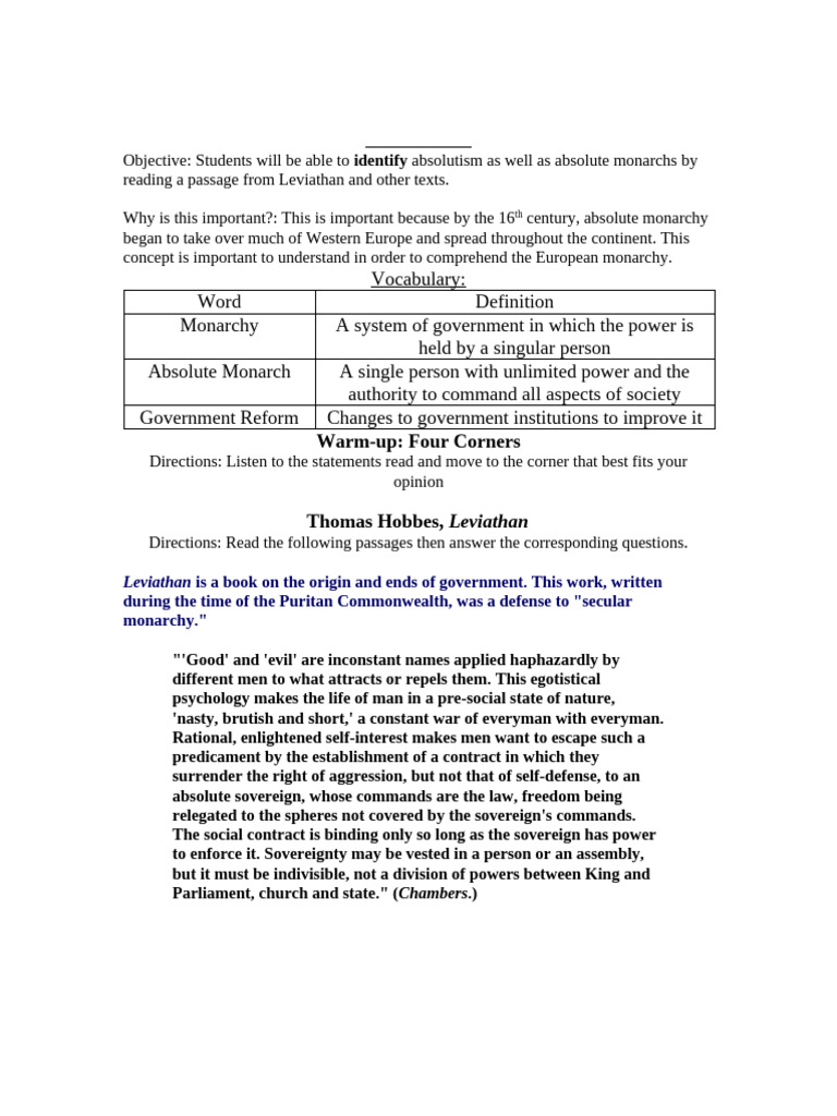 Absolutism+Worksheet | PDF | Social Contract | Reason