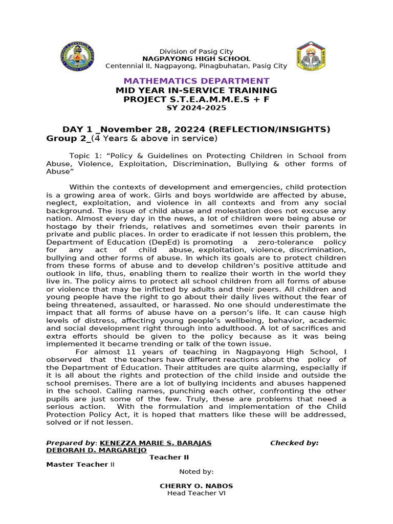 Format Reflection Inset-2024 | PDF | Teachers | Violence