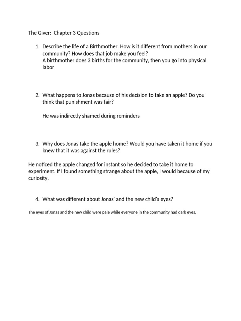 The Giver Chapter 3 Questions | PDF