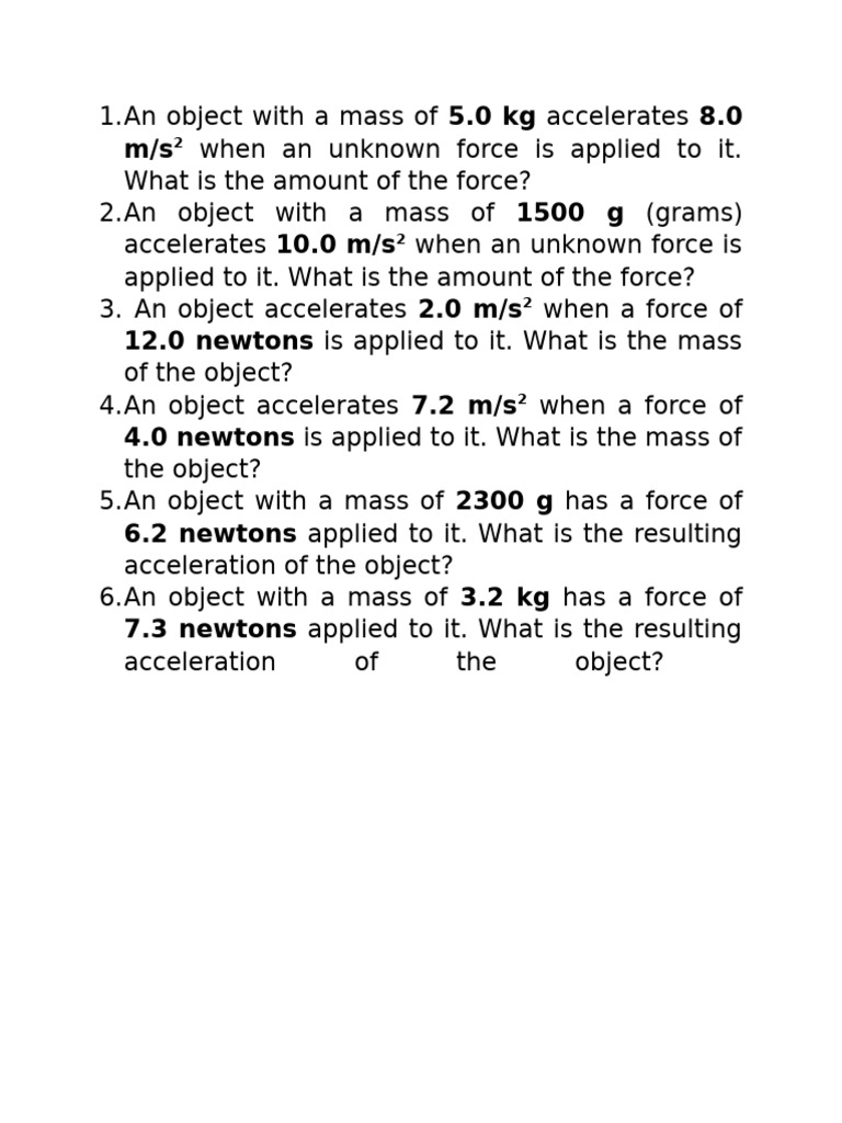 Worksheet About Law of Acceleration | PDF