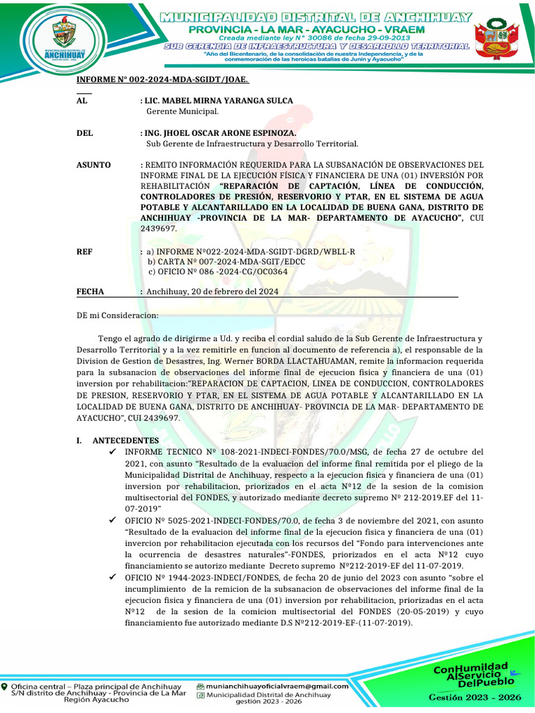 Informe 003 Remito Subsanacion de Observaciones | PDF