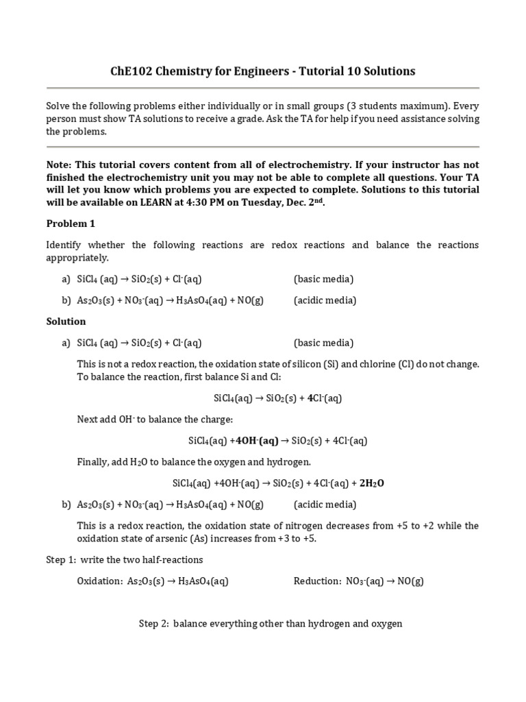 ChE102 - Tutorial 10 Solutions | PDF | Redox | Electricity