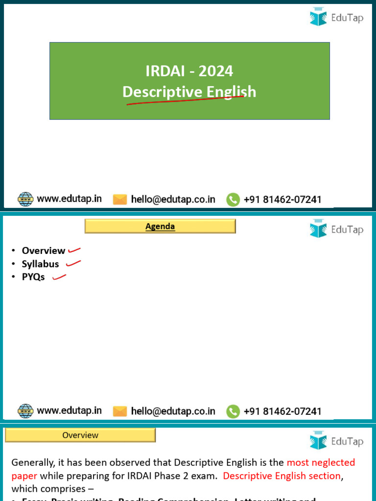 42 Decoding Paper Pattern For Descriptive English of IRDAI Grade | PDF