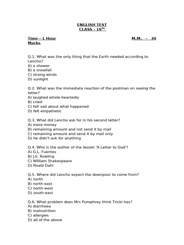 Class 10 English Test Questions | PDF
