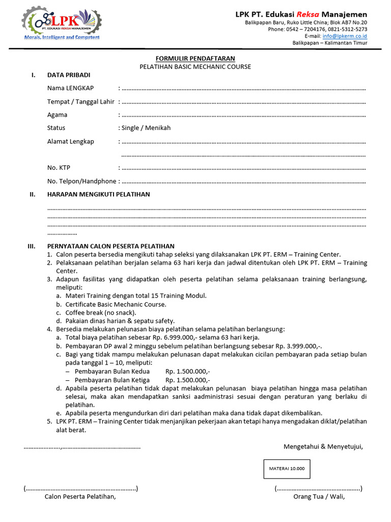 Formulir Pendaftaran Bmc Lpk Pt.erm 2023 (1) | PDF