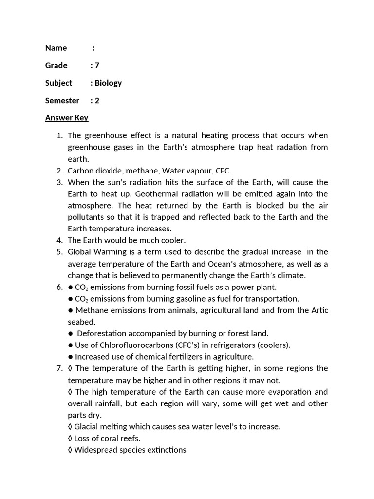 Grade 7 Biology: Global Warming Answer Key | PDF