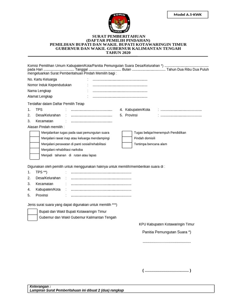 Formulir A5 KWK Pindah Memilih | PDF
