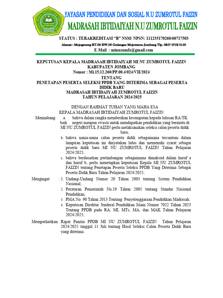 SK Penetapan Peserta PPDB 2024 | PDF