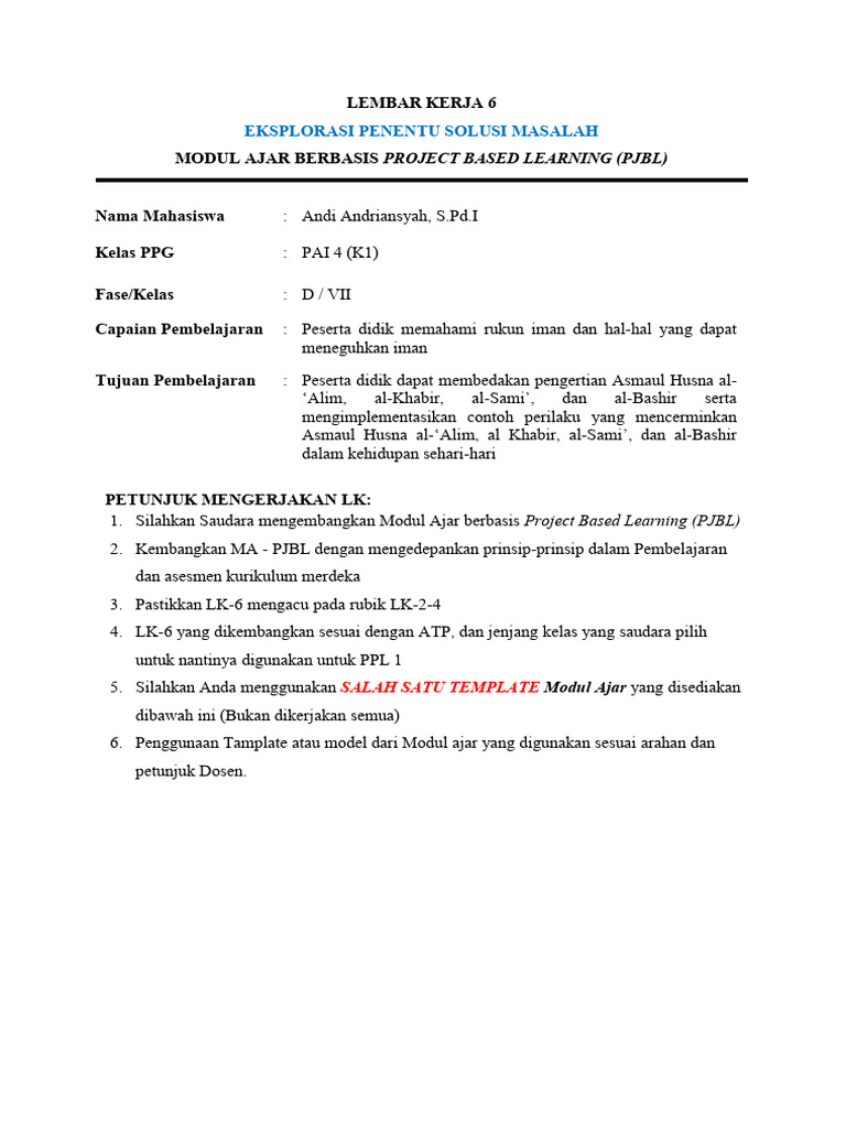 LK 6 - Penyusunan Modul Ajar PJBL [K1] _ANDI ANDRIANSYAH | PDF