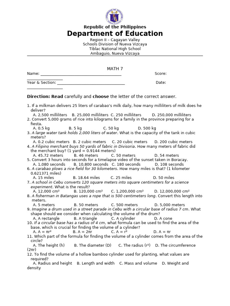 Math 7 Summative Test Q2 | PDF | Area | Volume