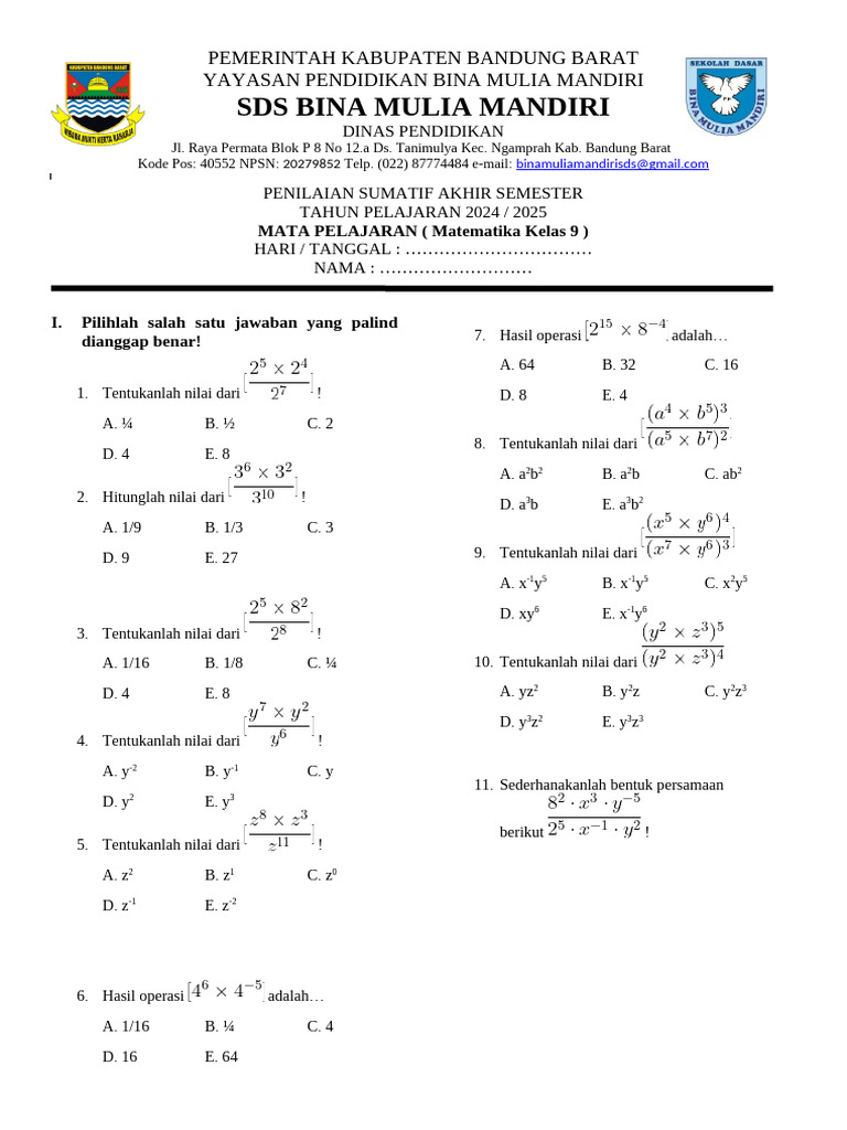 SOAL MTK KELAS 9 | PDF