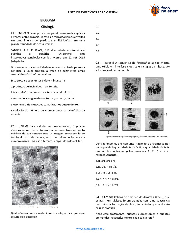 Citologia-Lista-de-Exercícios-Biologia-ENEM | PDF | Célula (Biologia ...