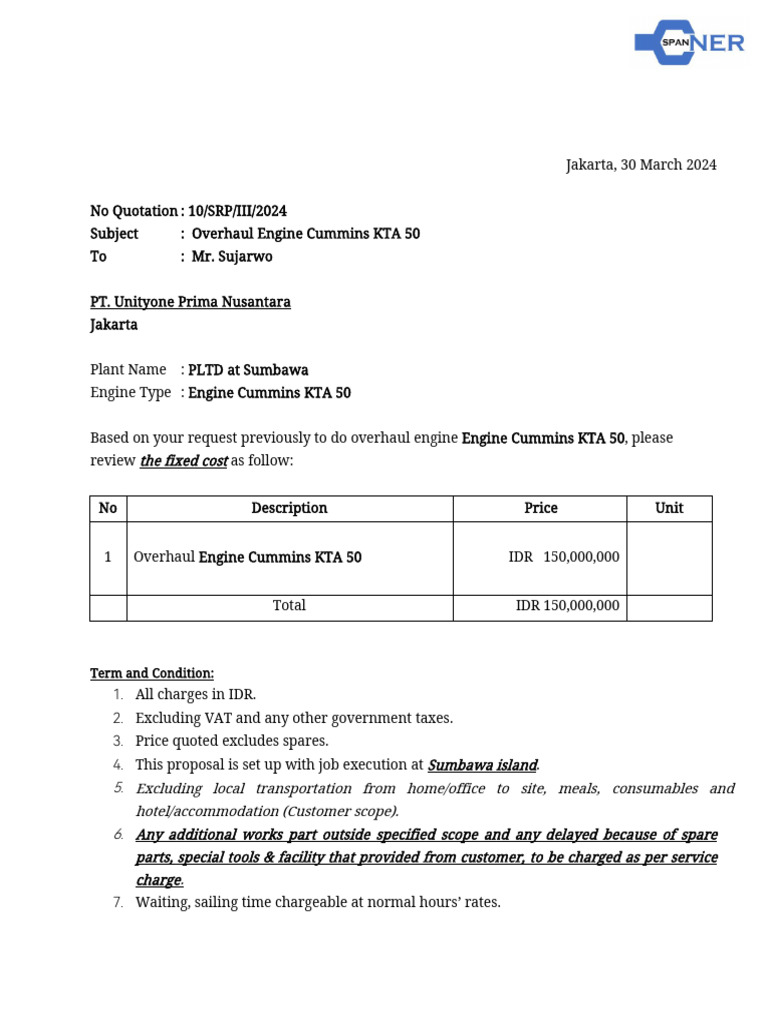 Cummins KTA 50 Engine Overhaul Quotation | PDF