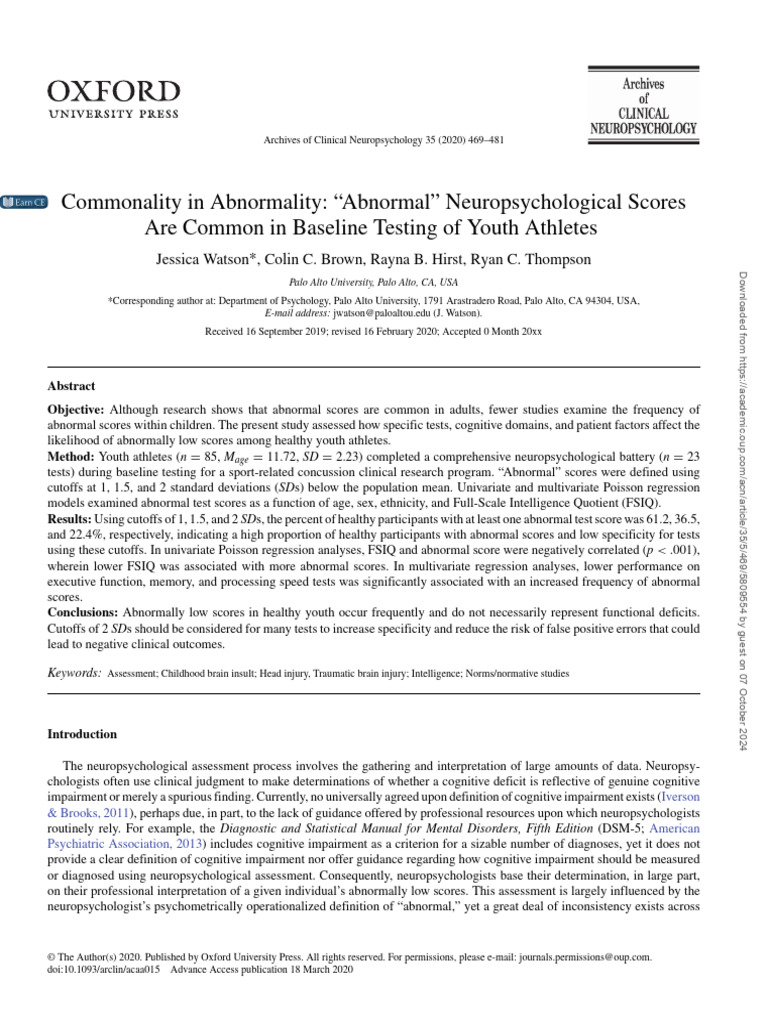 Commonality in Abnormality "Abnormal" Neuropsychological Scores Are ...