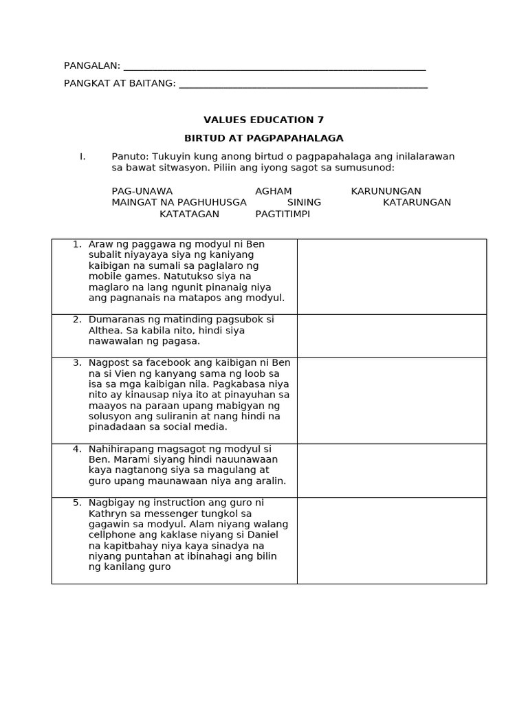 Birtud at Pagpapahalaga | PDF