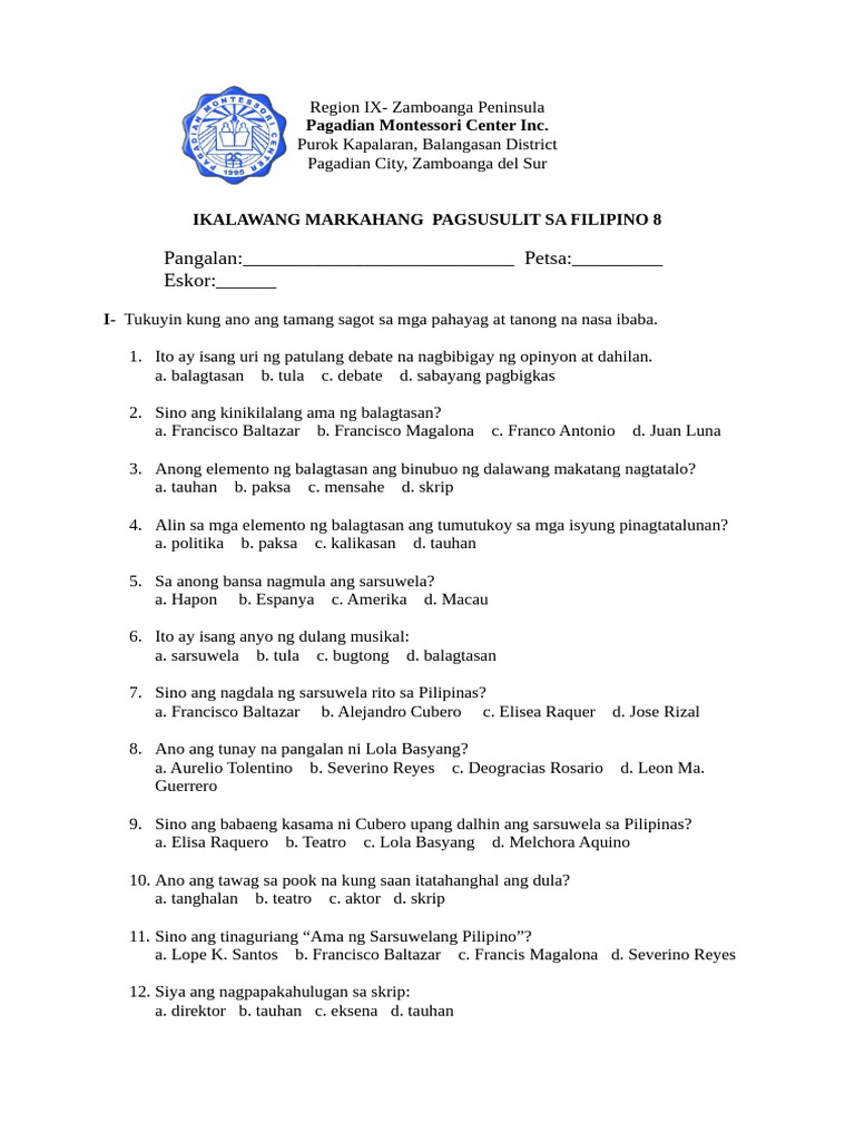 G8 second grading exam- filipino | PDF