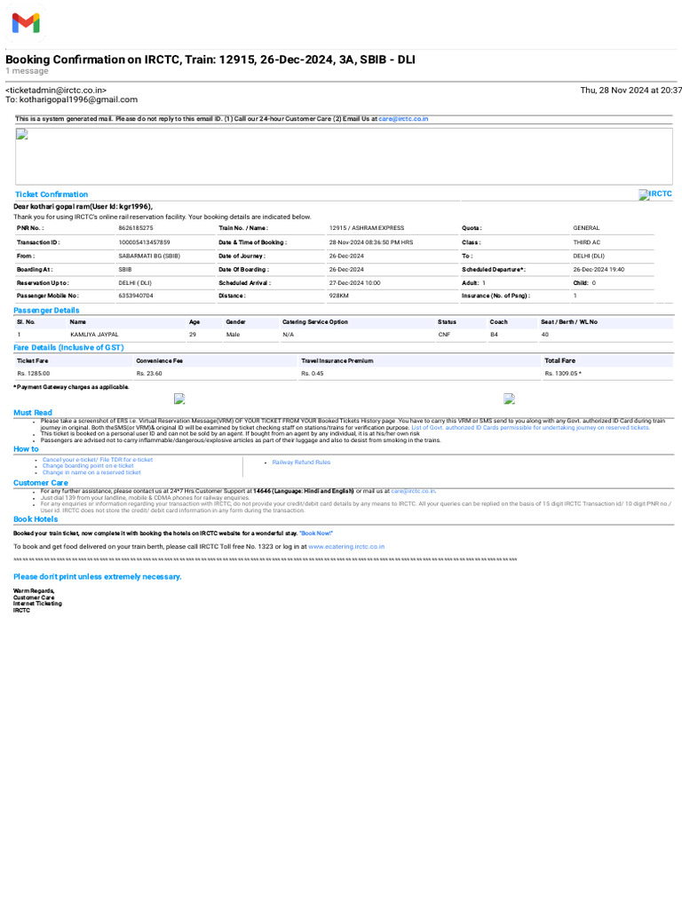 Gmail - Booking Confirmation on IRCTC, Train_ 12915, 26-Dec-2024, 3A ...
