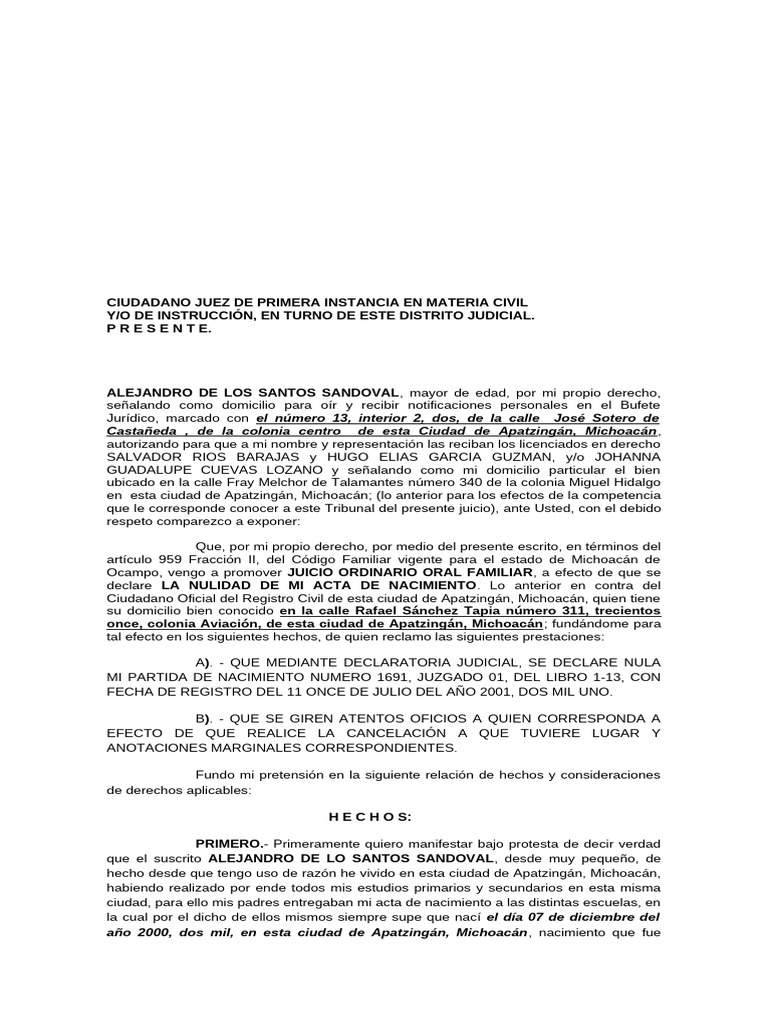 Demordfamiliar Sobre Nulidad de Acta de Nacimiento Alejandro | PDF | México | Caso de ley