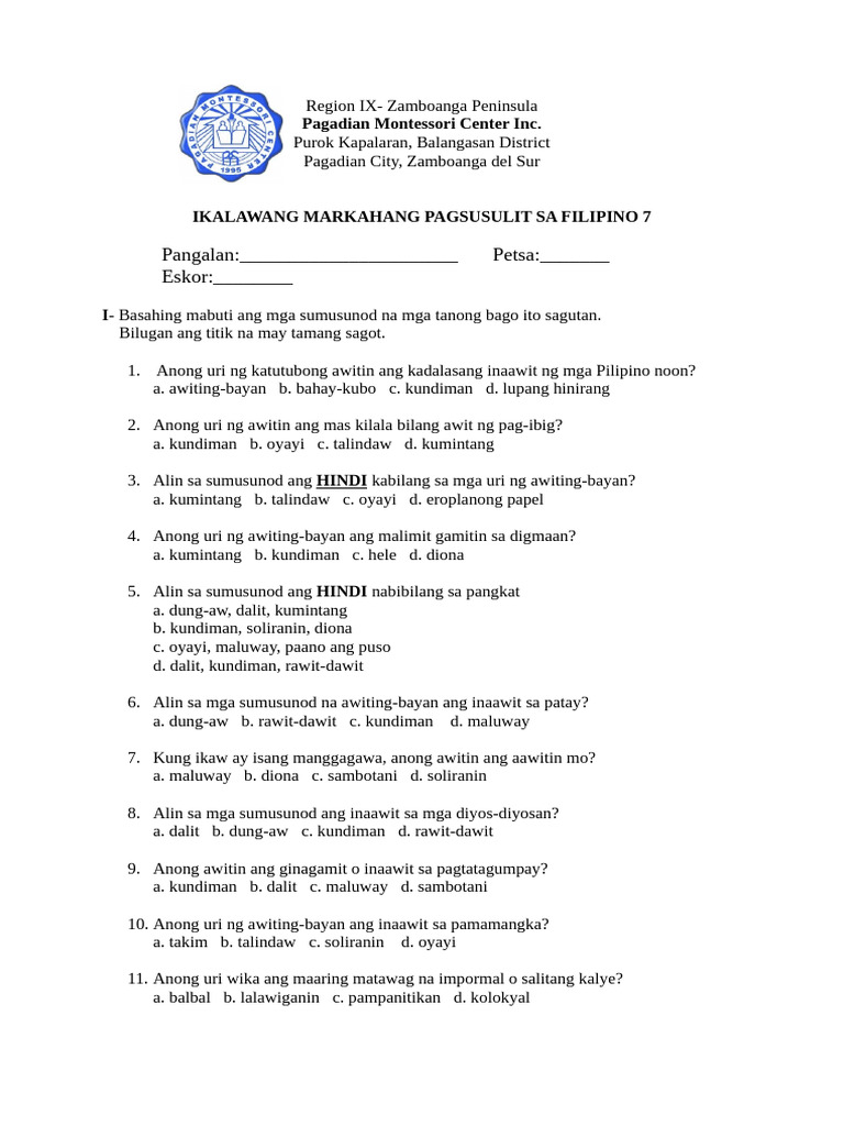 G7 Second Grading Exam - Filipino | PDF