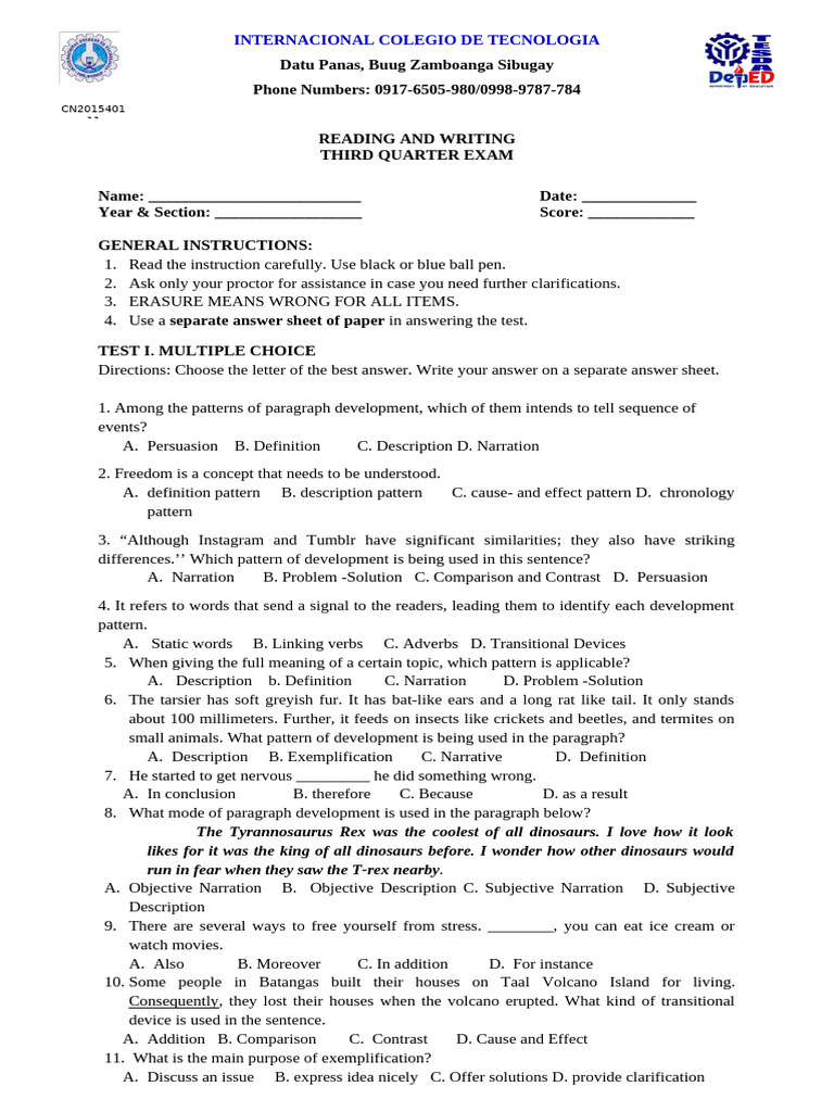 Reading Writing 3RD Quarter | PDF